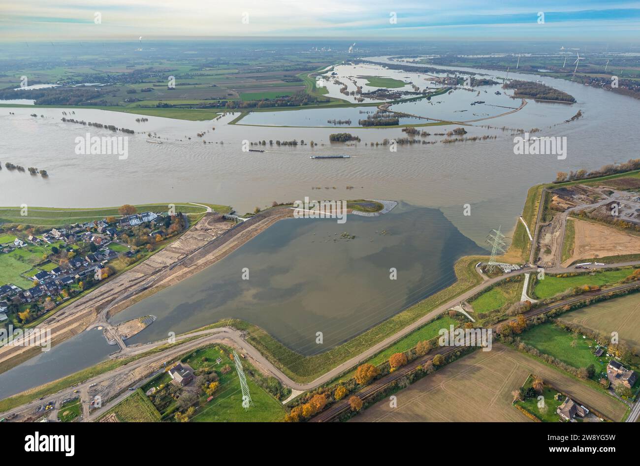 Aerial view of the flood situation at the new Emscher estuary into the ...