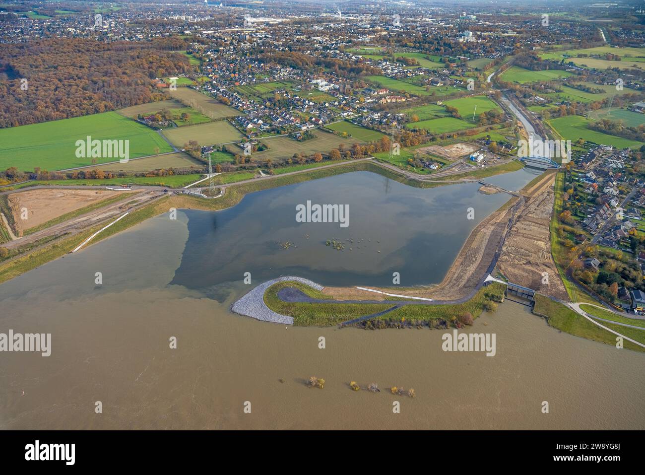 Aerial view of the flood situation at the new Emscher estuary into the ...