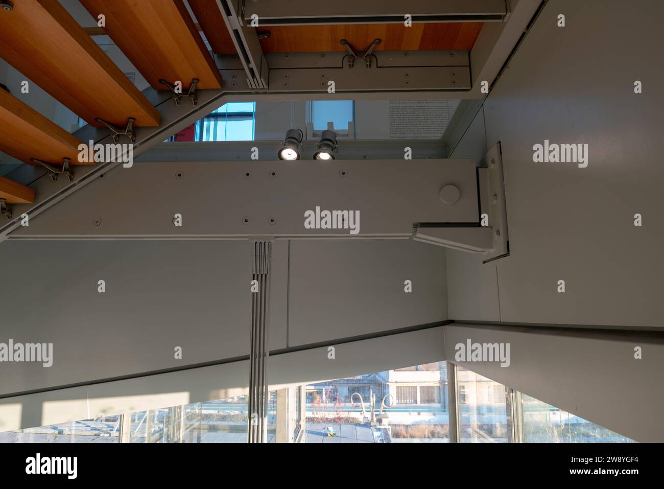 internal staircase in wood and steel, suspended. construction detail of ...