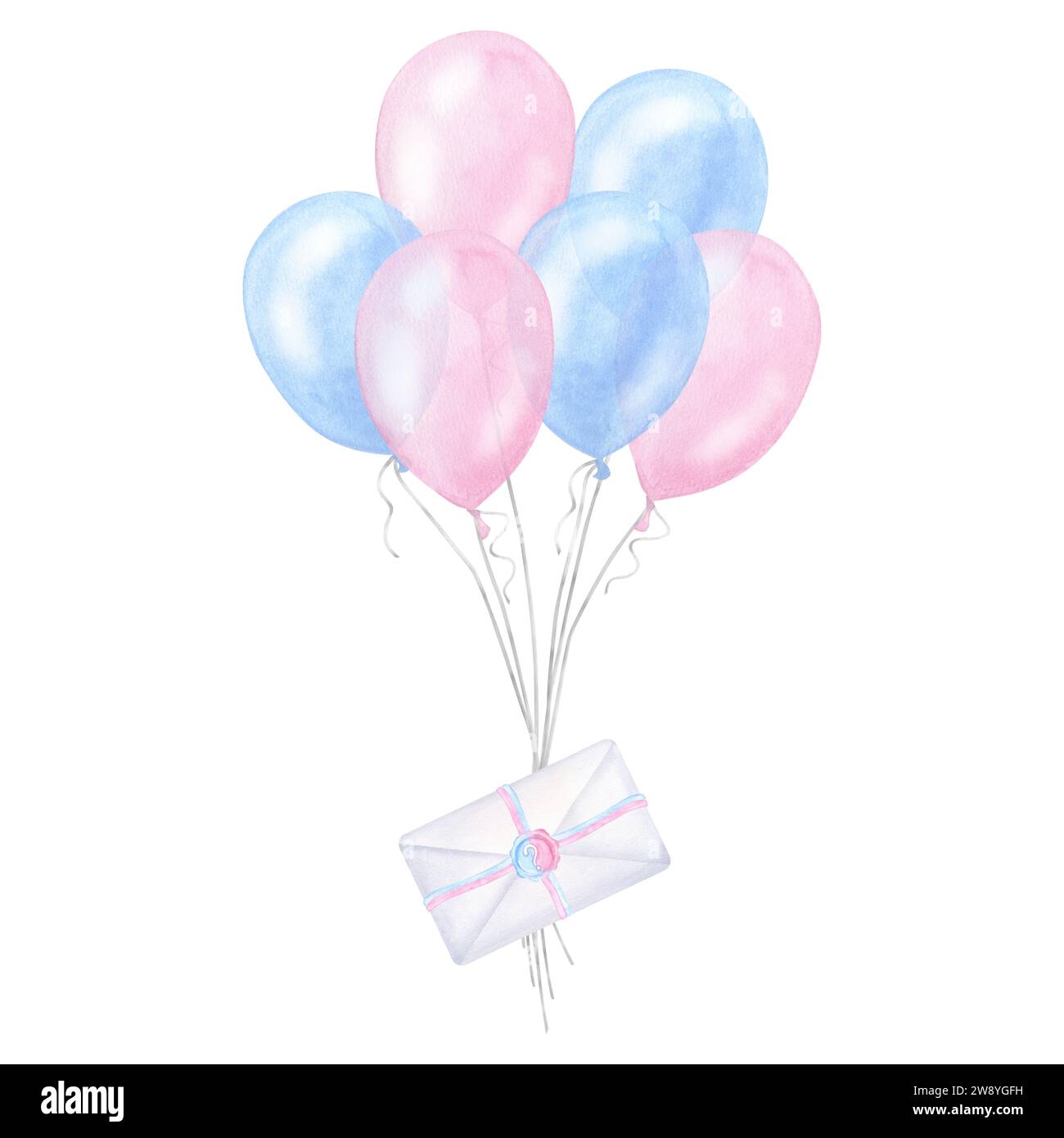 Blue pink balloons with envelope, letter. Twins boy girl kids birthday ...