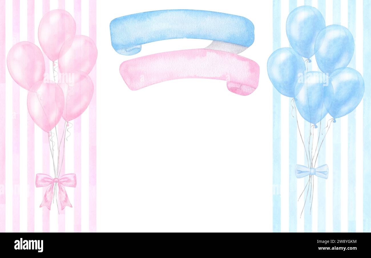 Banner blue pink balloons colored stripes bow, twins boy girl. Ribbons ...