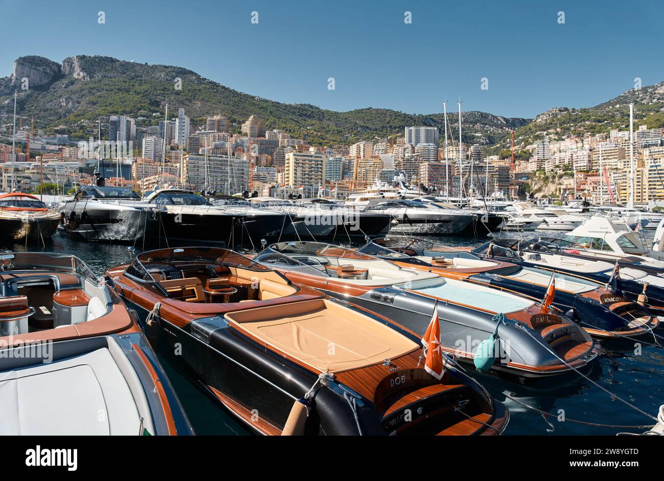 Monaco, Monte Carlo, 28 September 2022 - Riva boats in a row and a lot ...