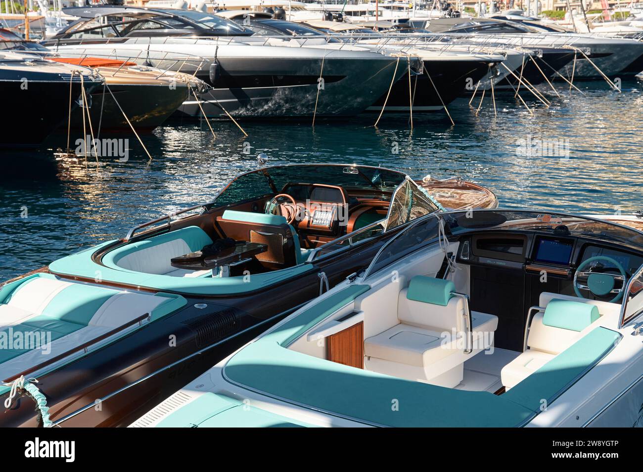 Monaco, Monte Carlo, 28 September 2022 - Riva boats in a row and a lot ...