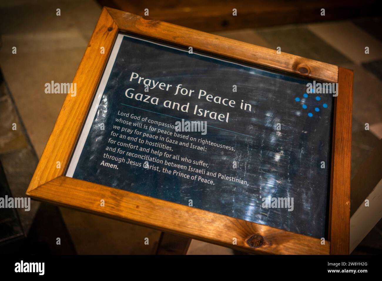 Christian prayer for Peace in Gaza and Israel sign inside Salisbury Cathedral, England, UK Stock ...