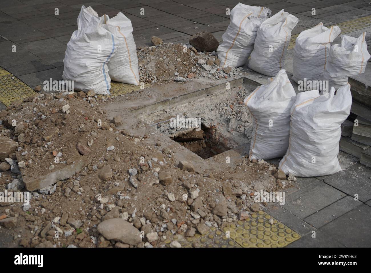 repair of water channels, and soil in sacks Stock Photo - Alamy