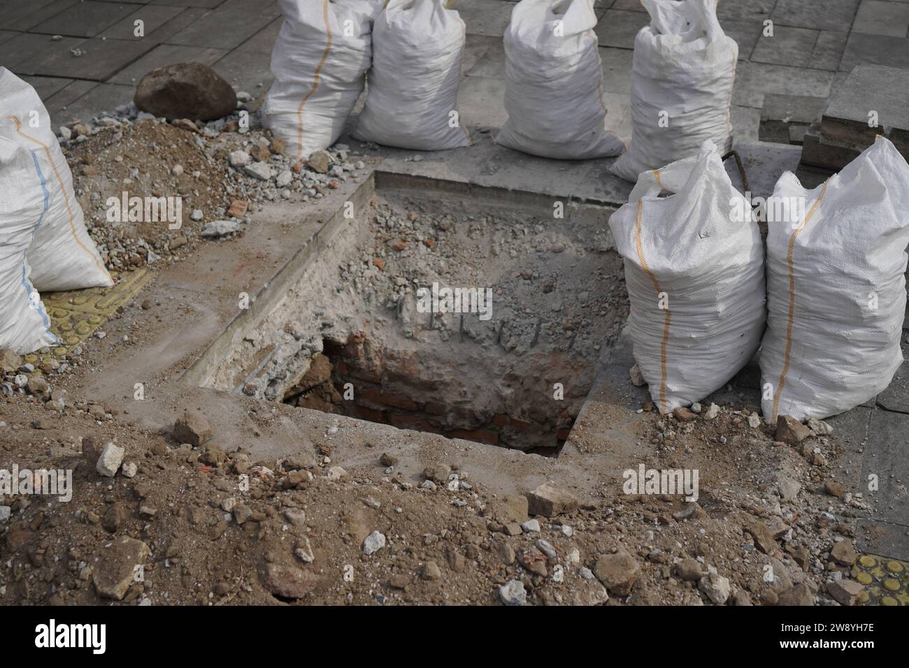 repair of water channels, and soil in sacks Stock Photo - Alamy
