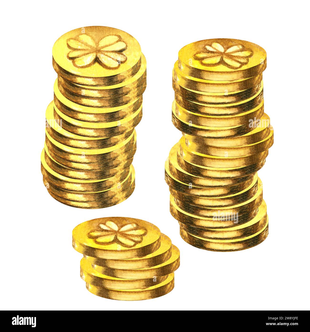 Watercolor gold magic coins with four leaf clover design with metallic ...