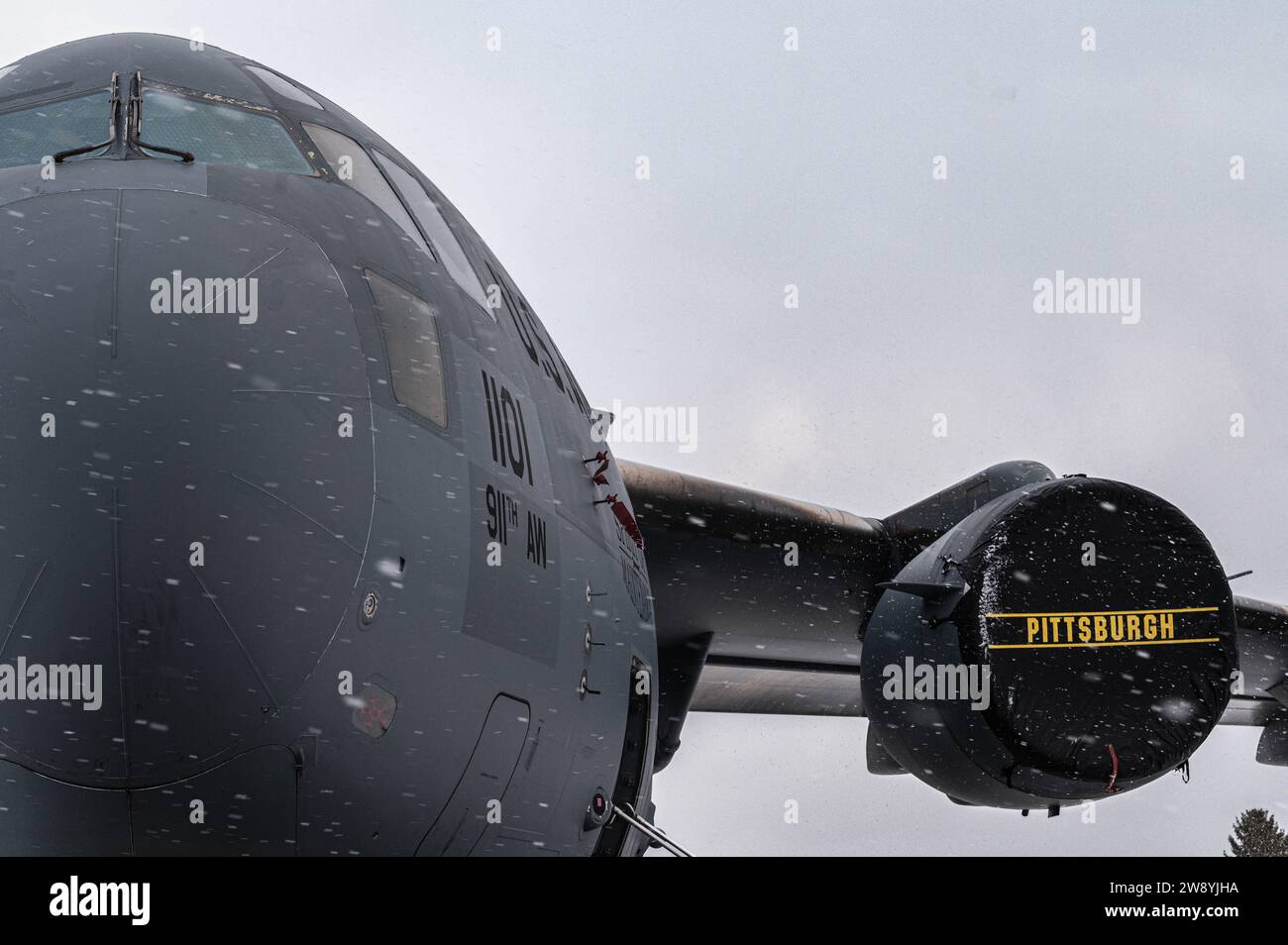 A C-17 Globemaster III assigned to the 911th Airlift Wing sits on the ...