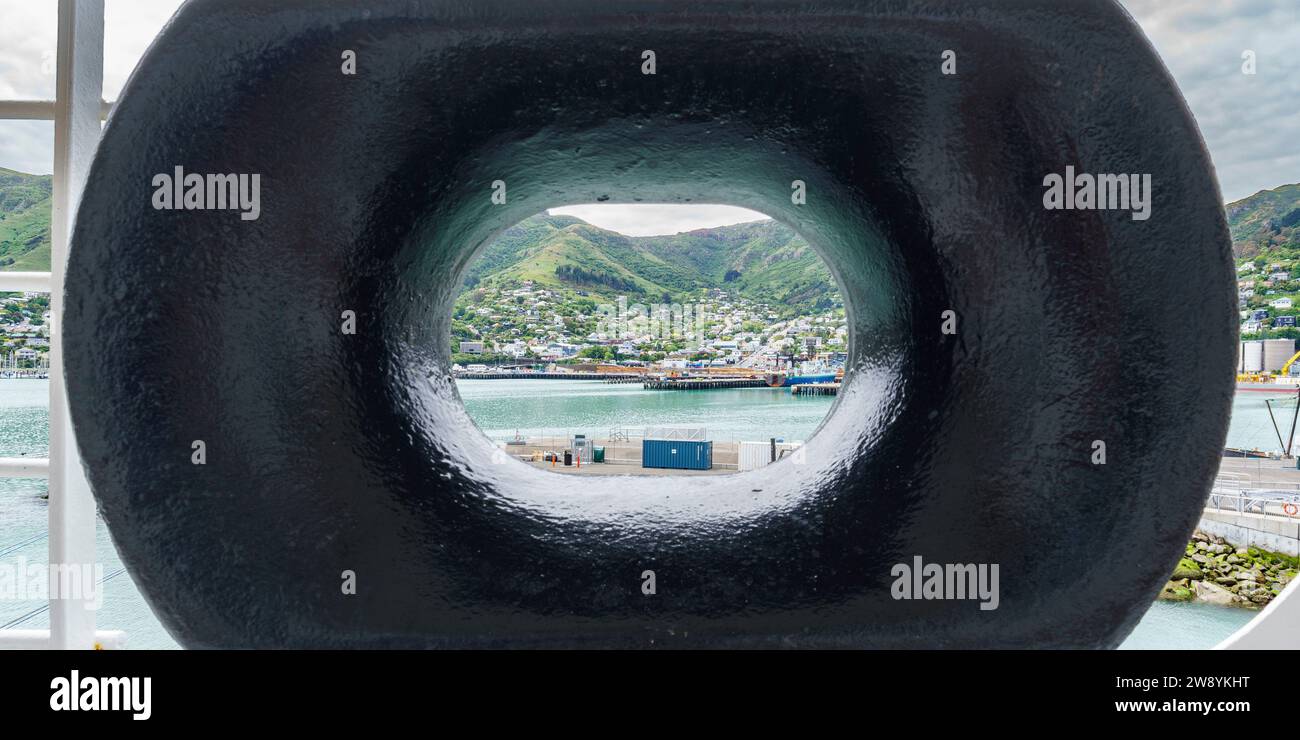 A view of Lyttleton, NZL through the Panama Lead on the holland America ...