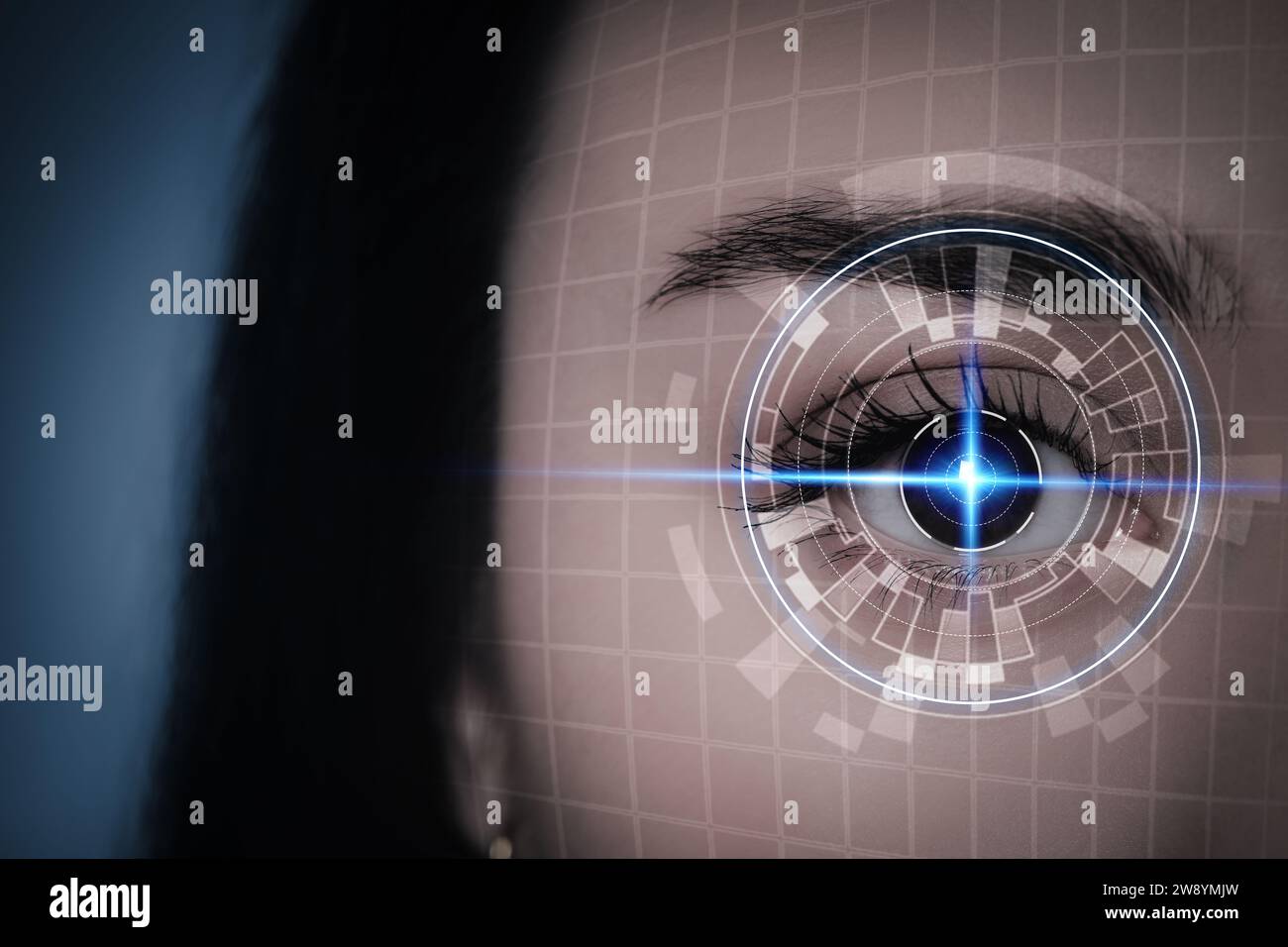 Facial and iris recognition. Woman with digital biometric grid and scan ...