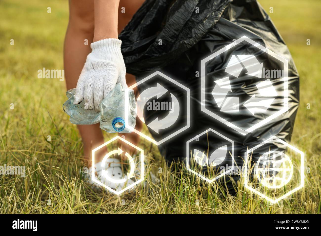 Woman trash bag full of garbage in nature, closeup. Recycling and other ...