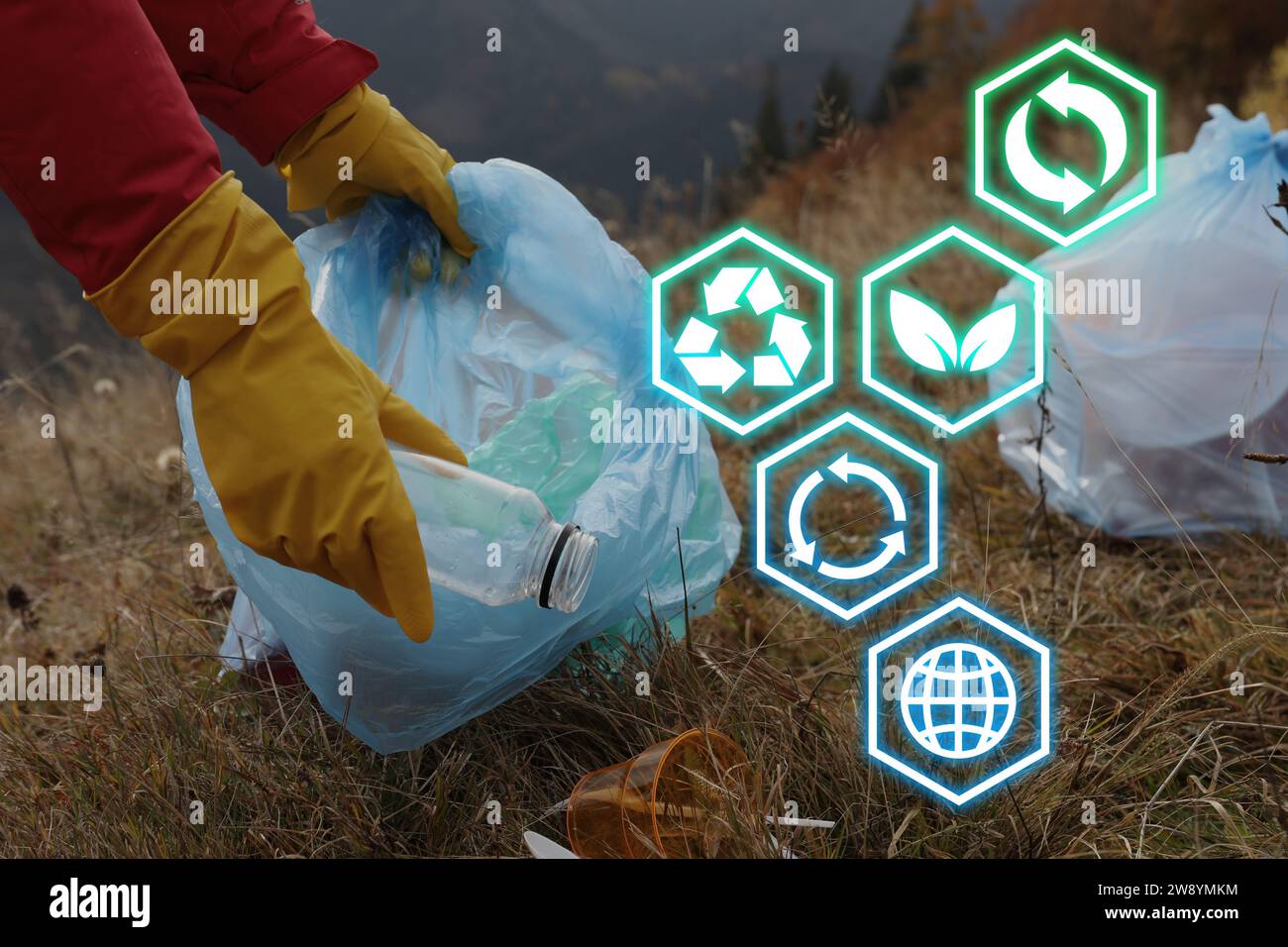Woman with trash bag picking up garbage in nature, closeup. Recycling ...