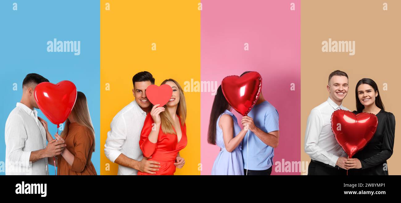 Romantic date. Different lovely couples on color backgrounds, set of ...