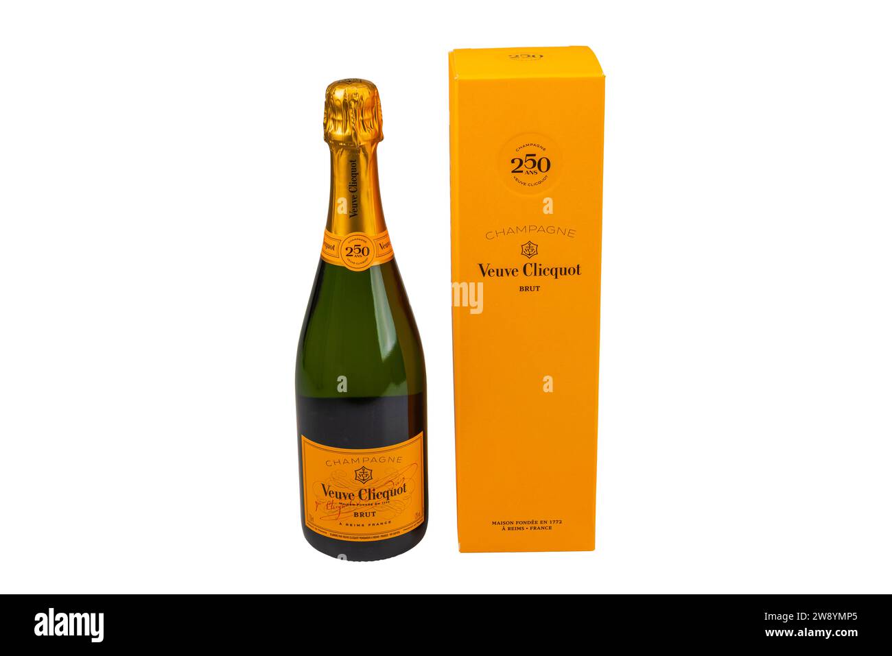 View of French champagne Veuve Clicquot in a gift box, isolated on a ...