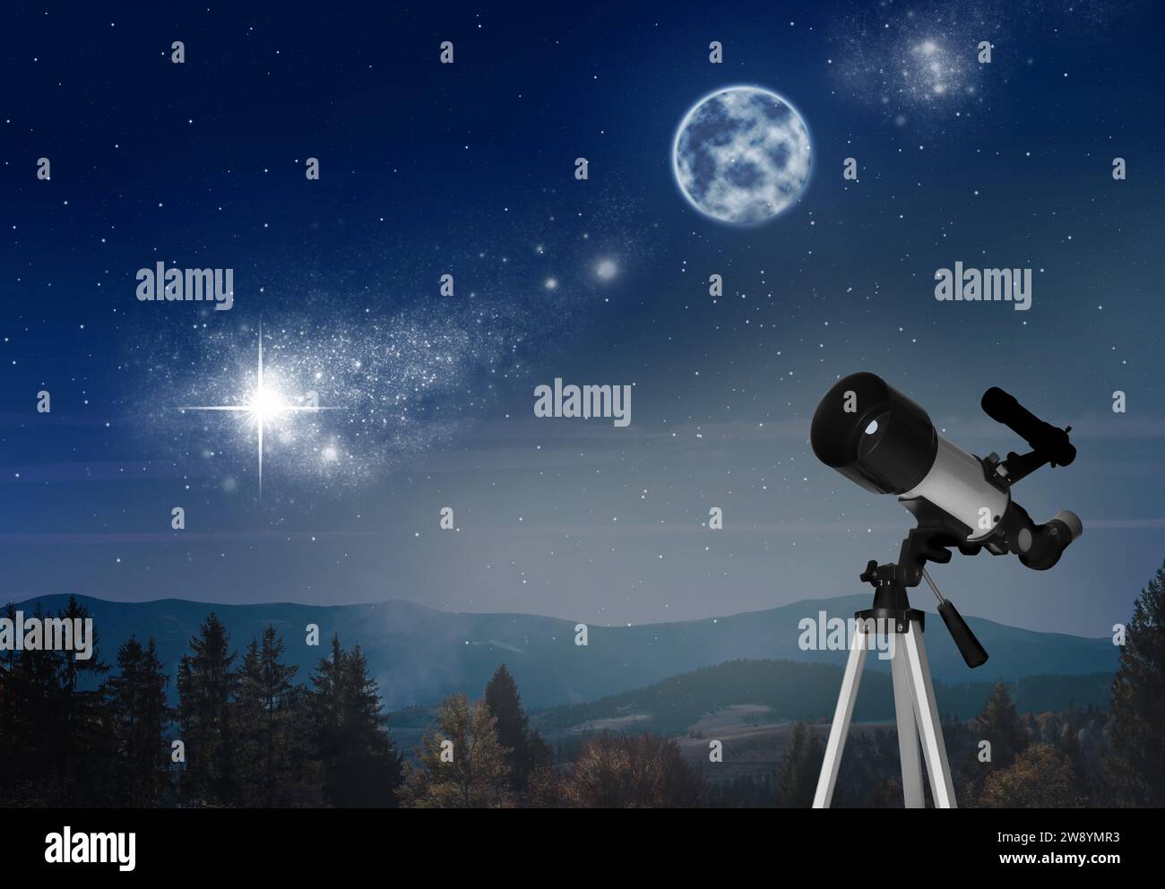 Astronomy. Viewing beautiful starry sky with full moon through ...