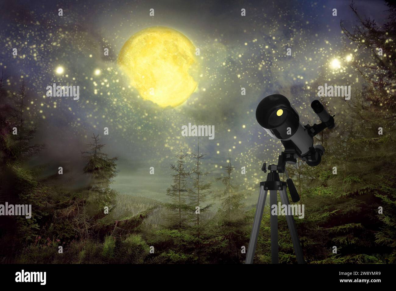 Astronomy. Viewing beautiful starry sky with full moon through ...