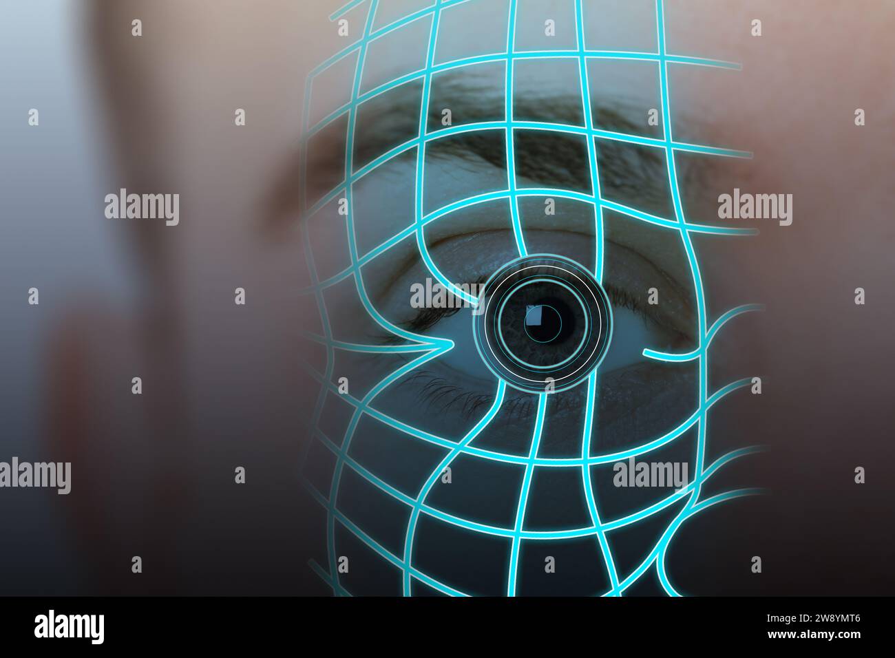 Facial and iris recognition. Man with digital biometric grid and scan ...