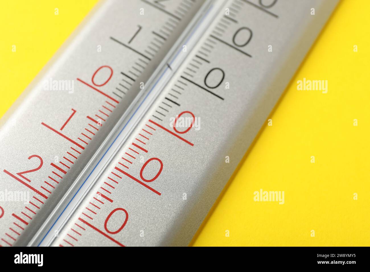 Modern weather thermometer on yellow background, closeup Stock Photo ...