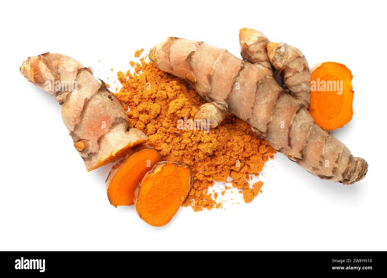 Aromatic turmeric powder and raw roots isolated on white, top view ...