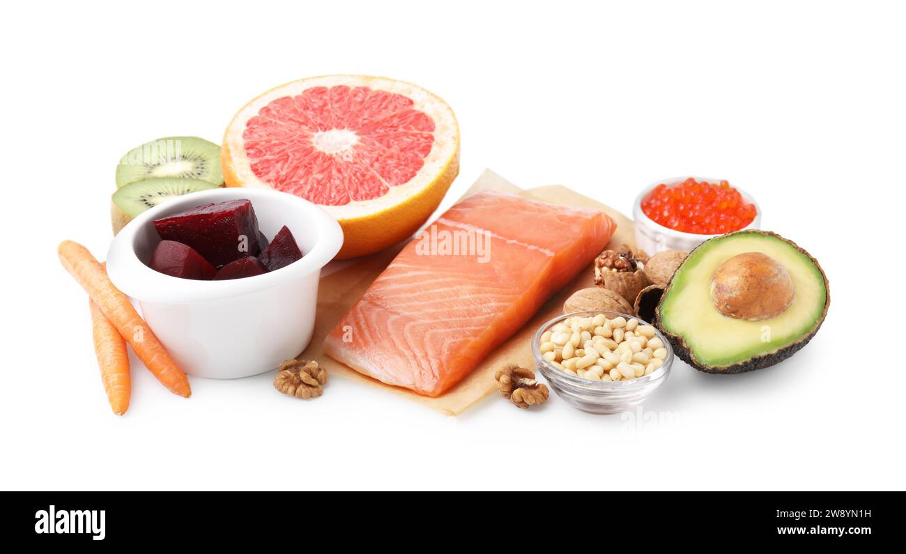 Many different products isolated on white. Natural sources of serotonin ...