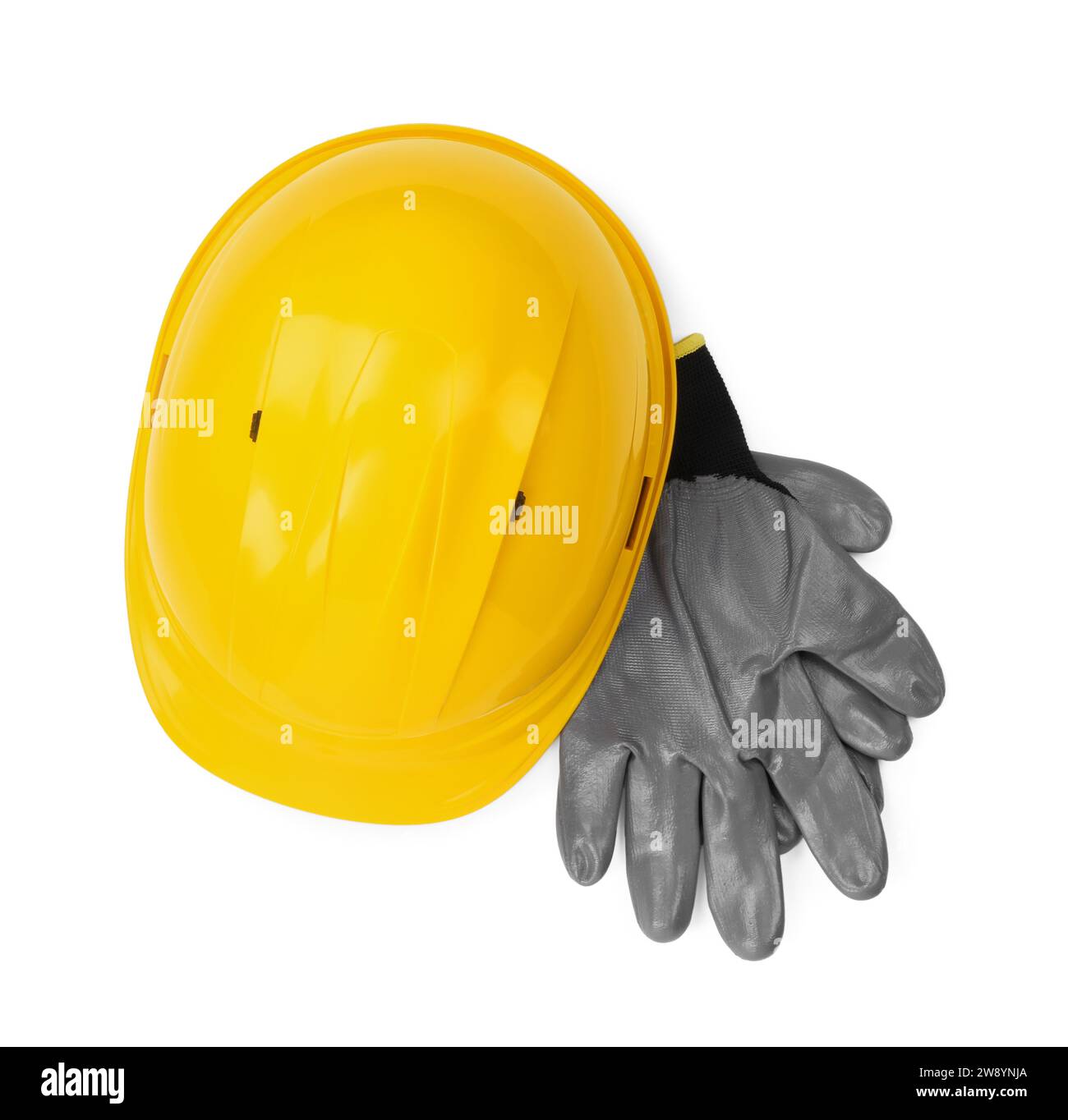 Hard hat and gloves isolated on white, top view. Safety equipment Stock ...