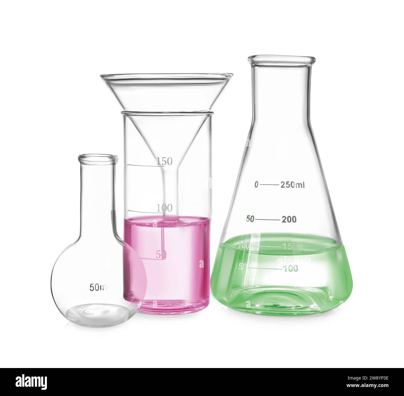 Different laboratory glassware with colorful liquids isolated on white ...