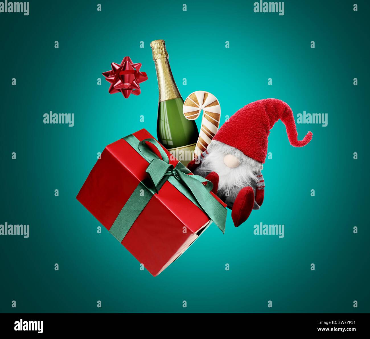 New Year celebration. Different festive stuff in air on teal gradient ...