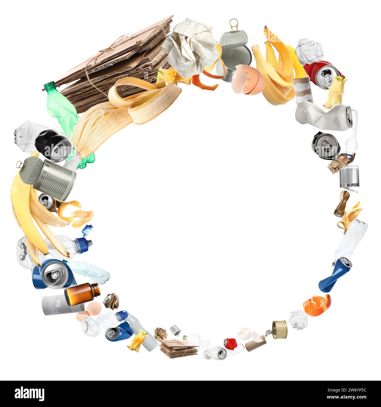 Lots of different garbage flying on white background Stock Photo - Alamy