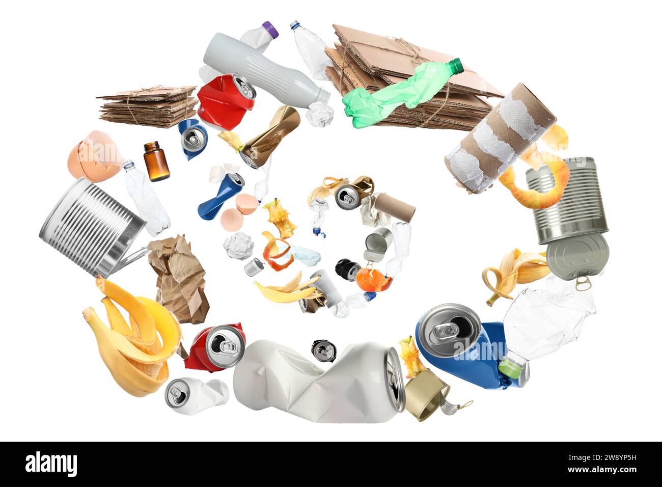 Lots of different garbage flying on white background Stock Photo - Alamy