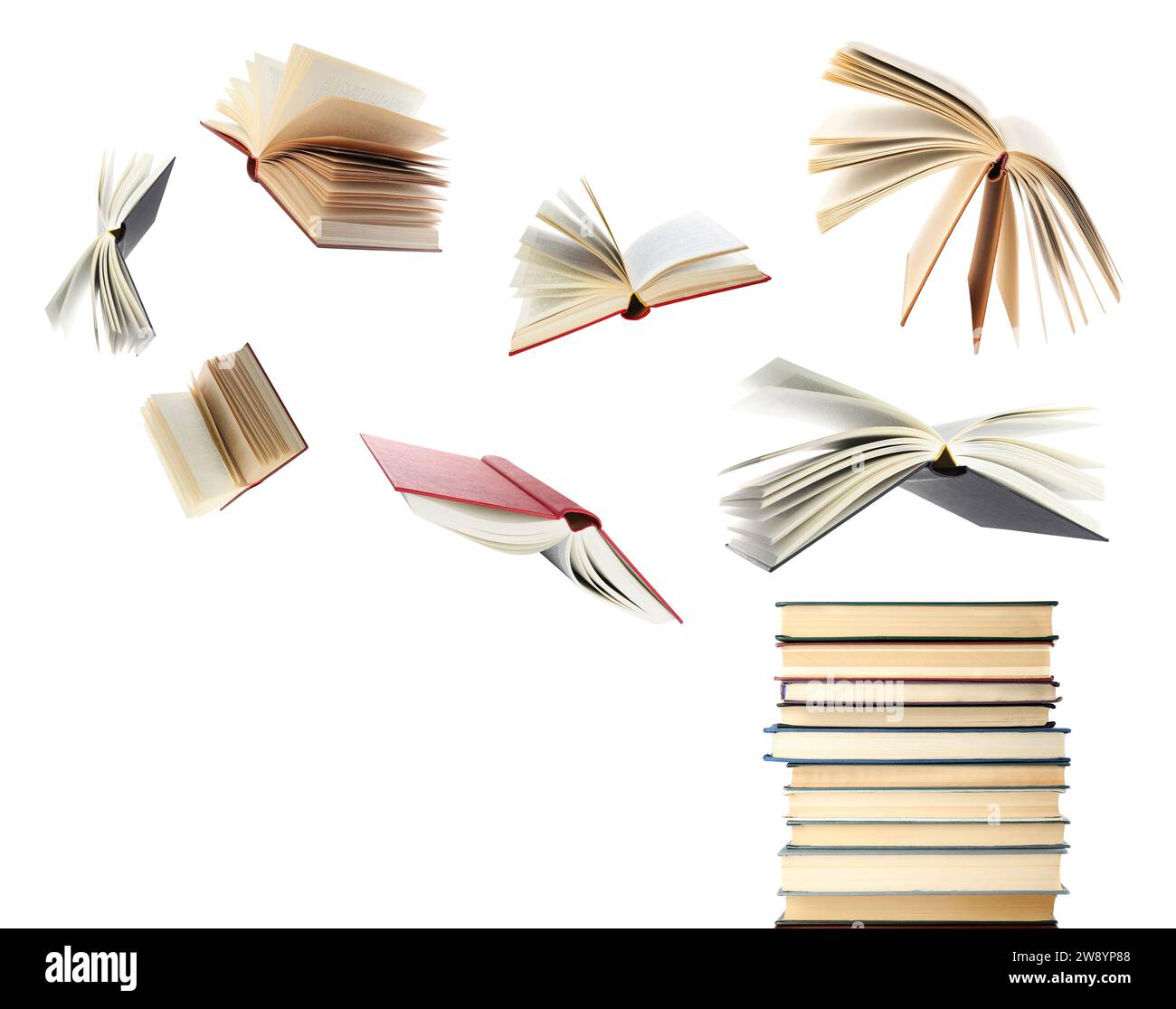 Books flying over stack on white background Stock Photo - Alamy