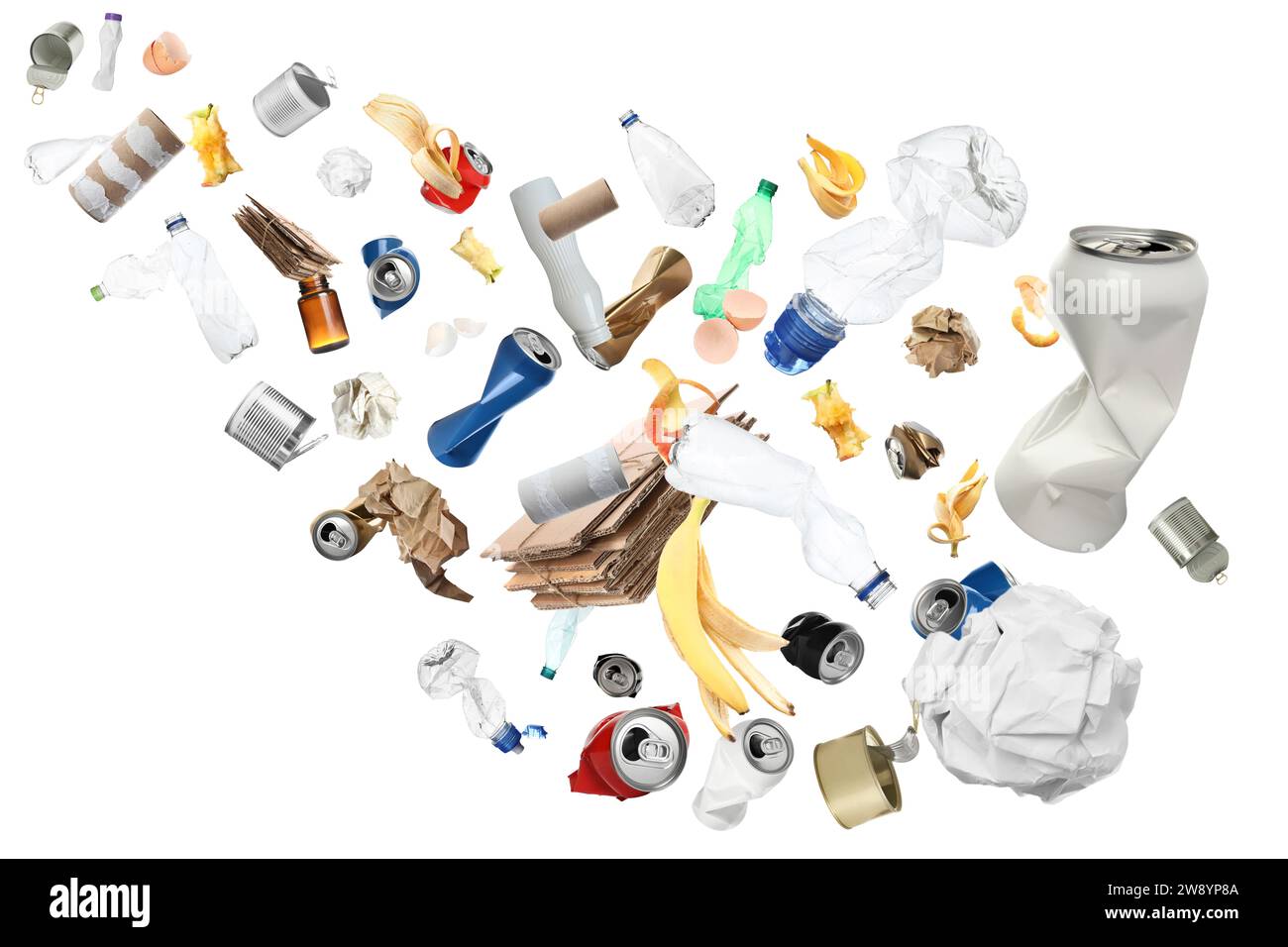 Lots of different garbage flying on white background Stock Photo - Alamy
