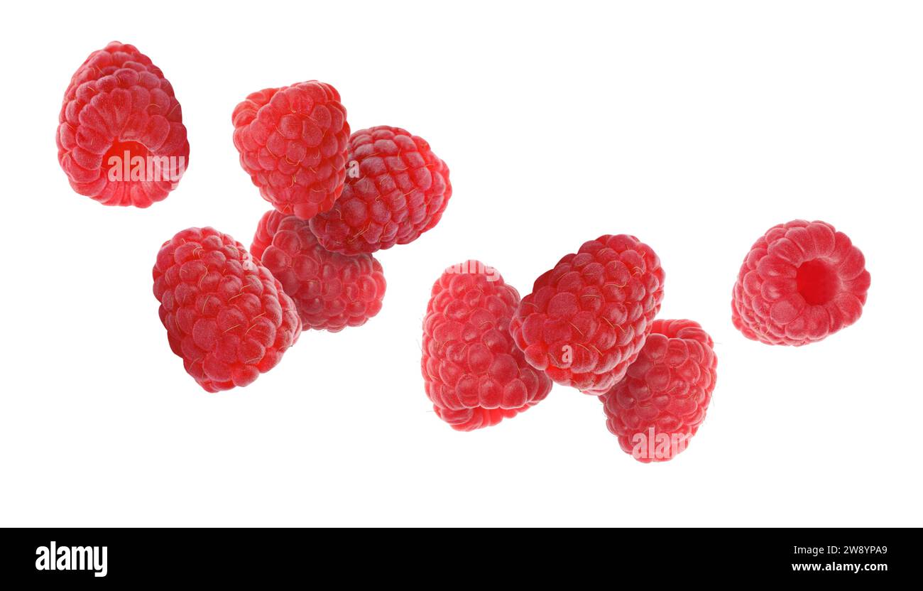 Fresh ripe raspberries falling on white background Stock Photo - Alamy