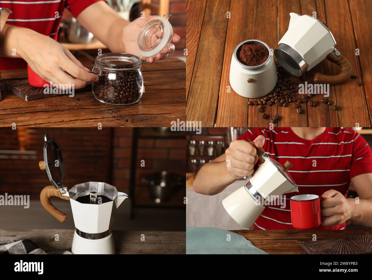 Making coffee with moka pot step-by-step. Collage with photos Stock ...