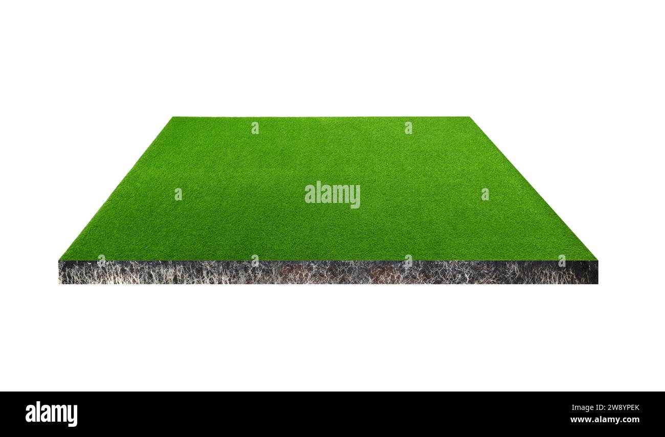 Green grass with soil. Land piece in shape of square isolated on white ...