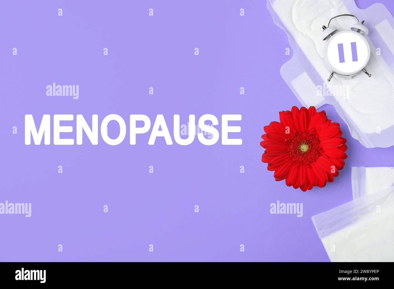 Menopause word, alarm clock with pause symbol, flower and pads on ...