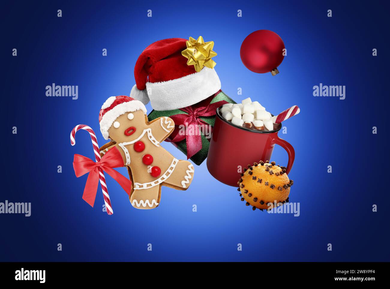 Christmas celebration. Different festive stuff in air on blue gradient ...