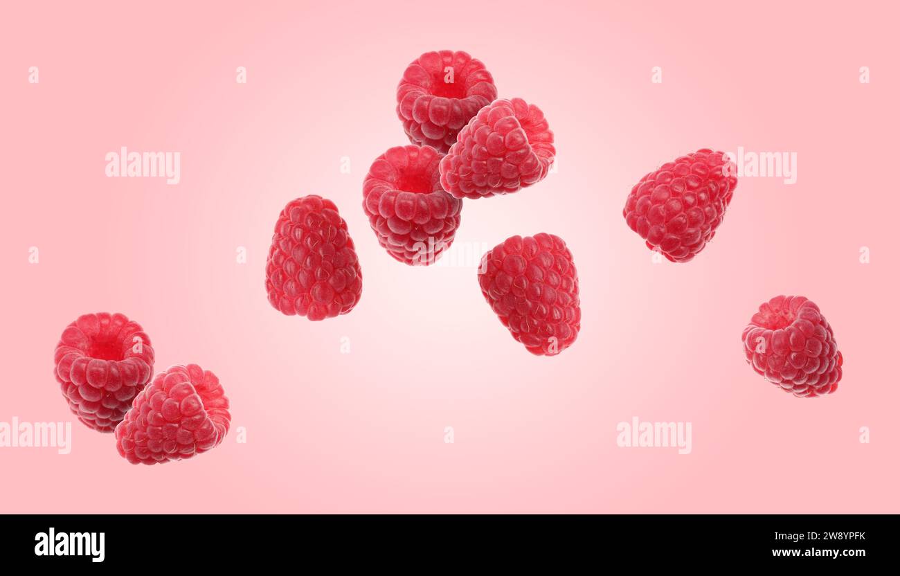 Fresh ripe raspberries falling on pink background, banner design Stock ...
