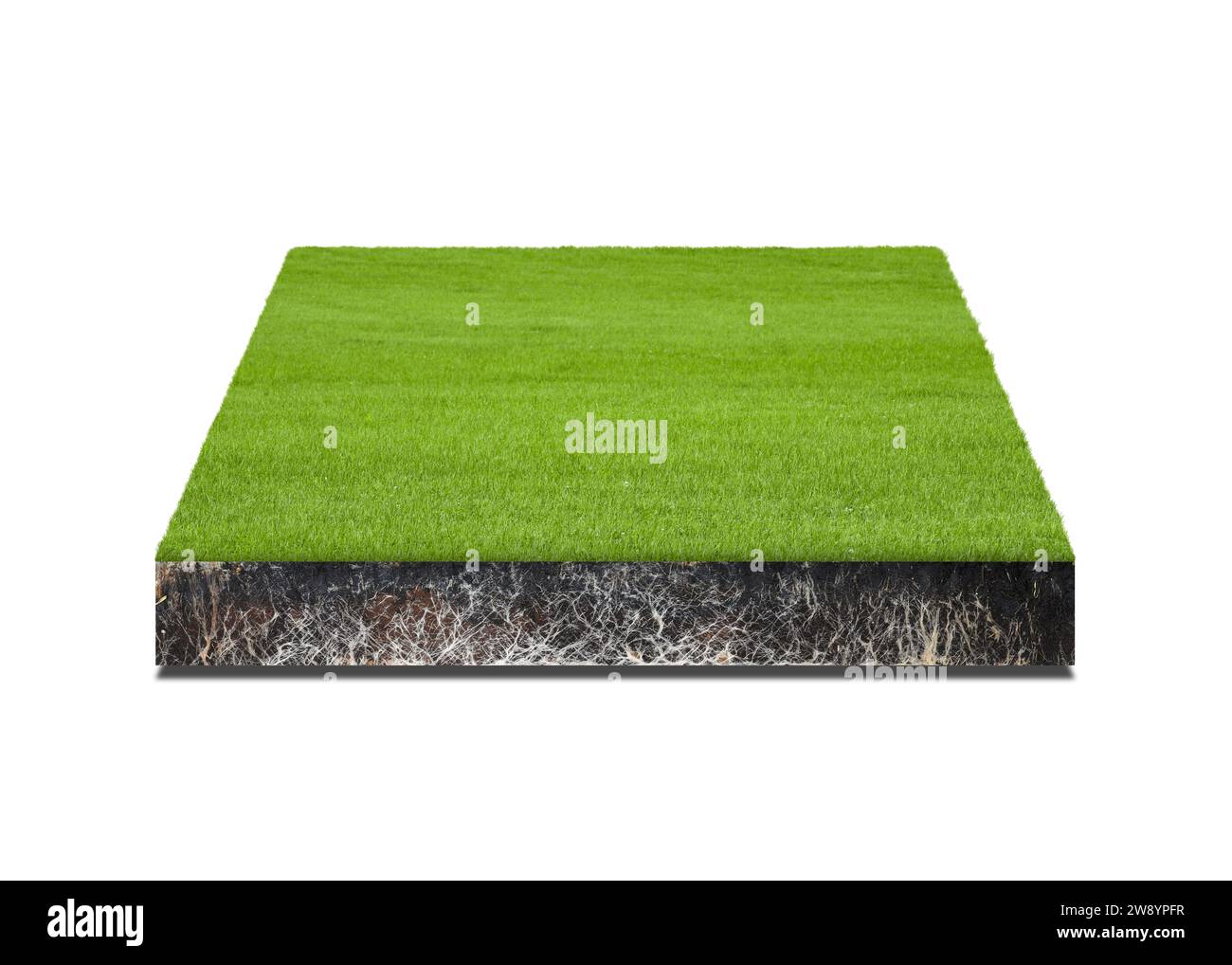 Green grass with soil. Land piece in shape of square isolated on white ...