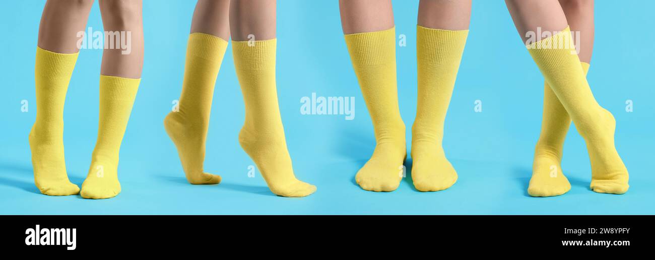 Woman in yellow socks on light blue background, closeup. Collection of ...