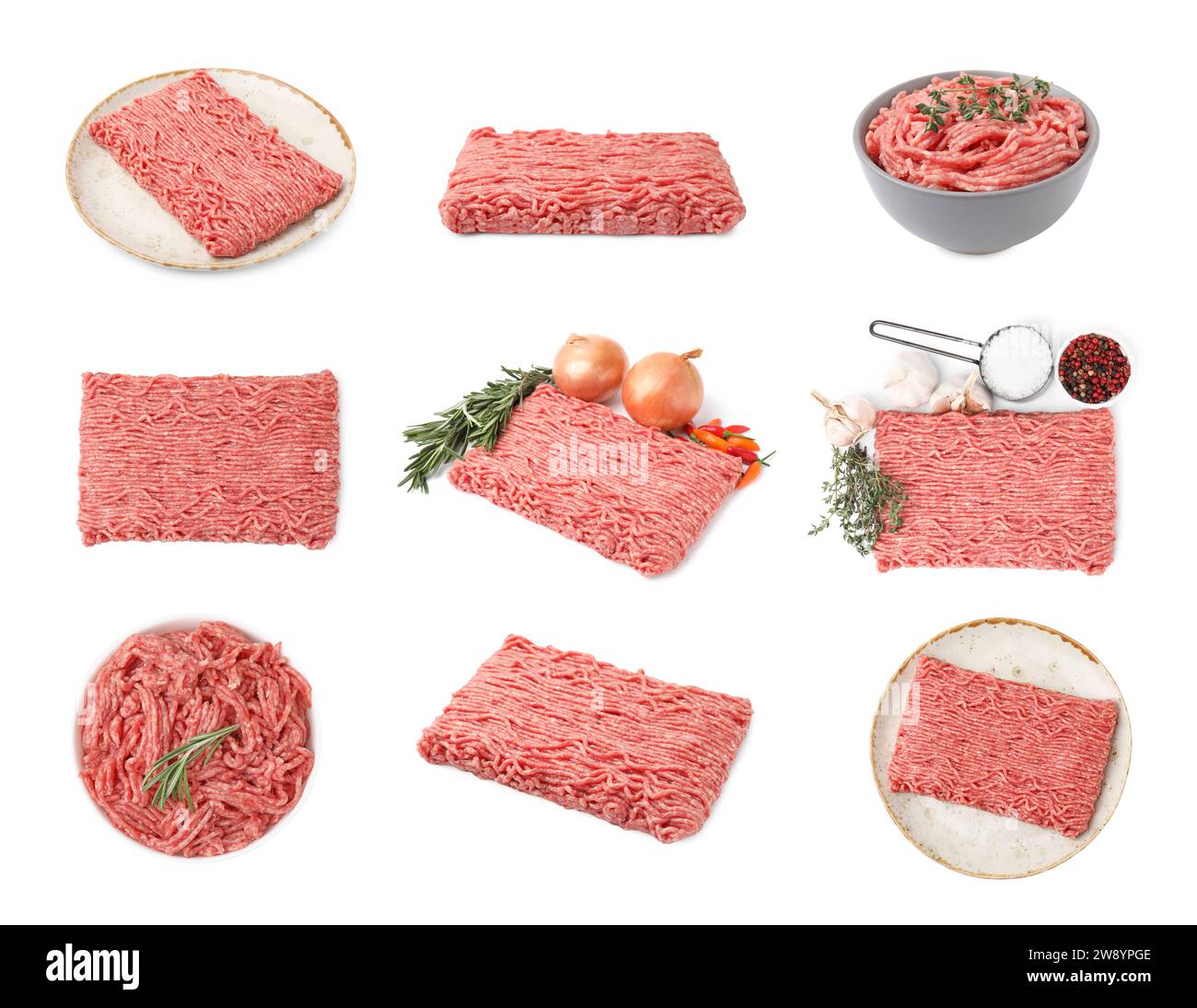 Fresh ground meat on white background, set Stock Photo - Alamy