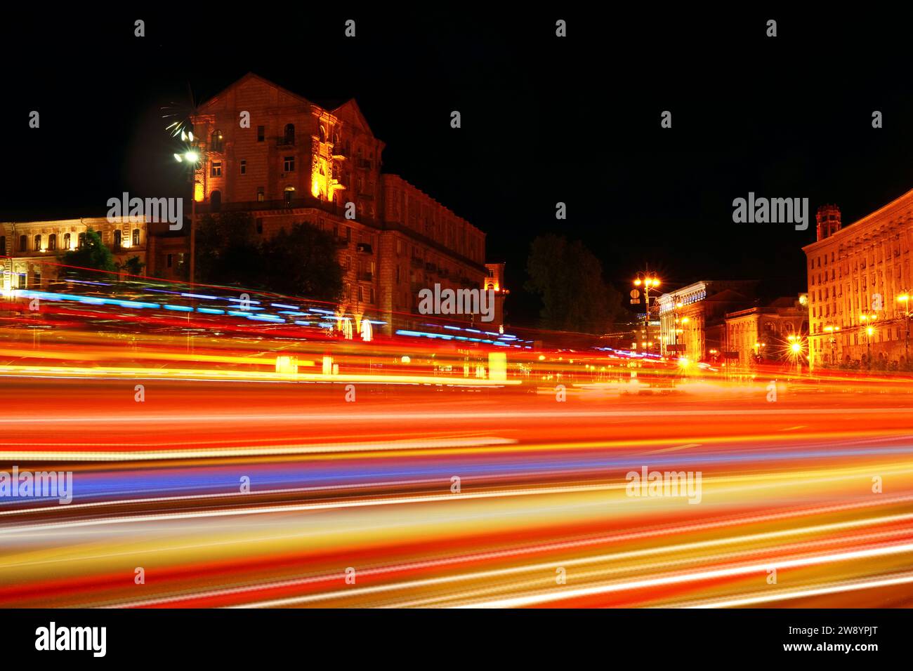 Road traffic, motion blur effect. View of night cityscape with car ...