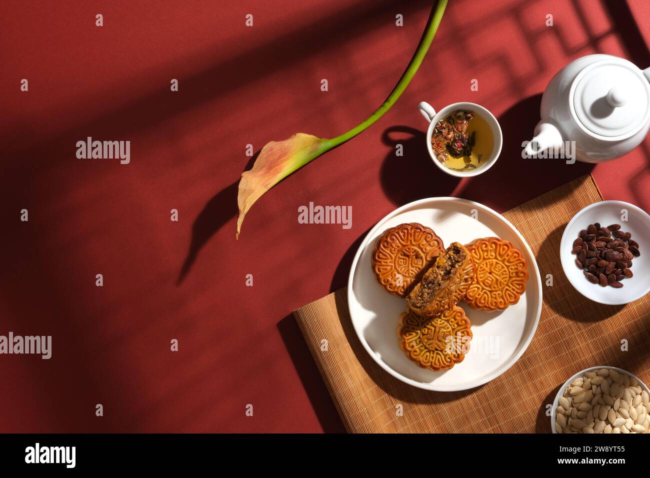 Top view, flat layout of the traditional tea table on the autumn ...