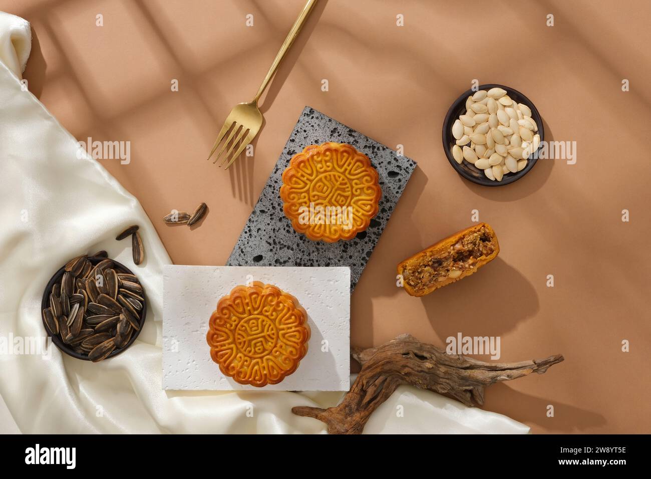 Mid-Autumn Festival traditional food concept - mooncakes and types of ...