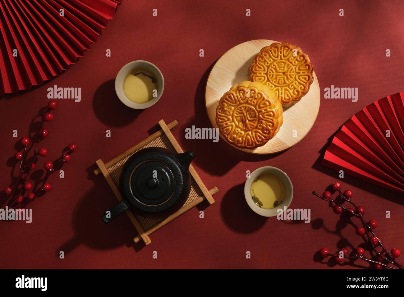 Advertising layout for moon cake products on a red background ...