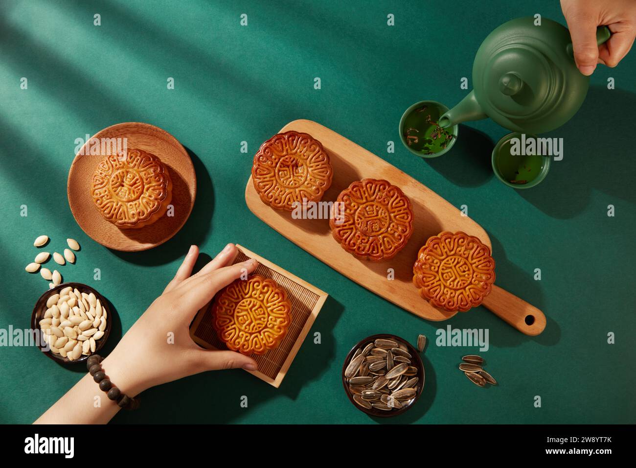 Mooncake advertising scene with modern concept - on green background ...