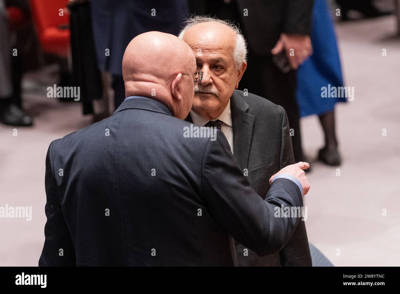 New York, USA. 22nd Dec, 2023. Ambassadors Riyad Mansour, Permanent ...