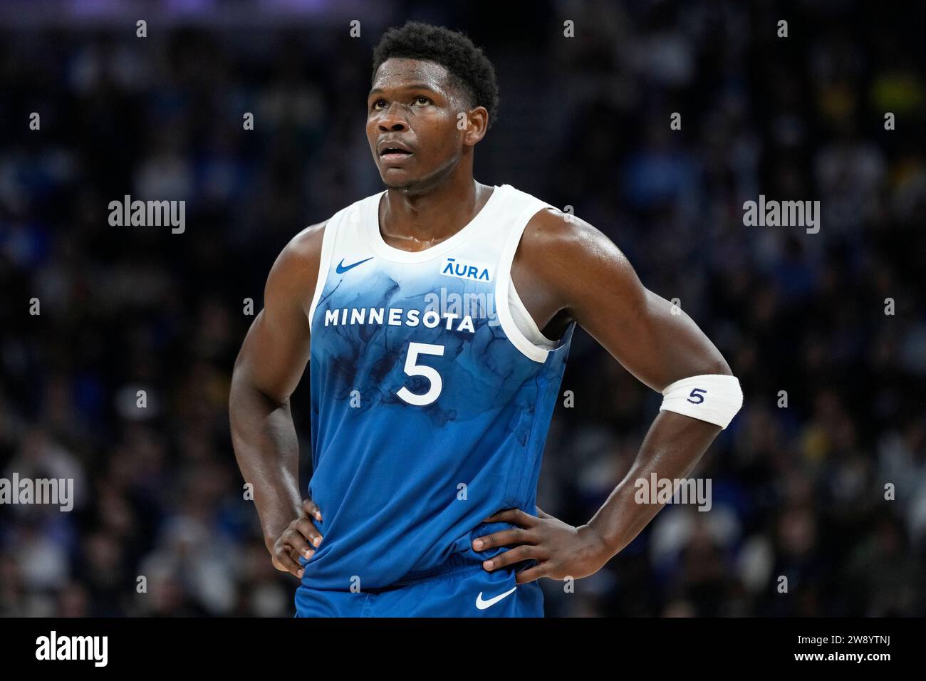 Minnesota Timberwolves guard Anthony Edwards (5) stands on the court ...