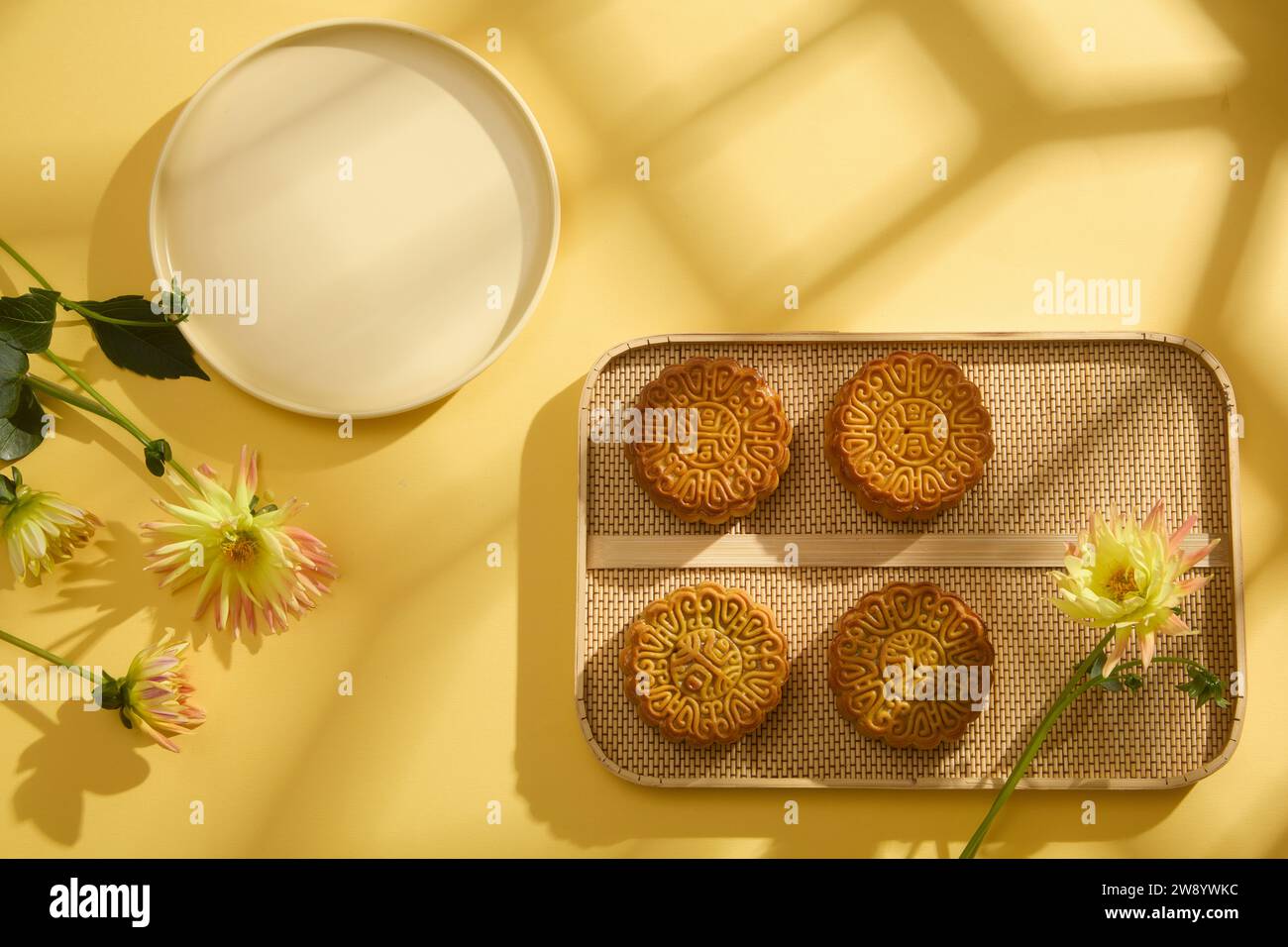 Scene for advertising mooncake product on yellow background with window ...