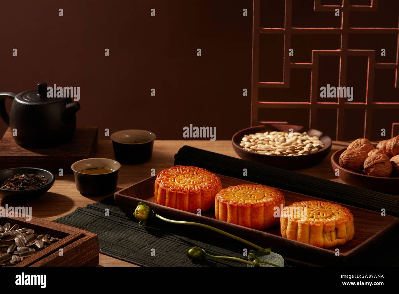 Chinese style photography for advertising. Wooden trays of mooncakes ...