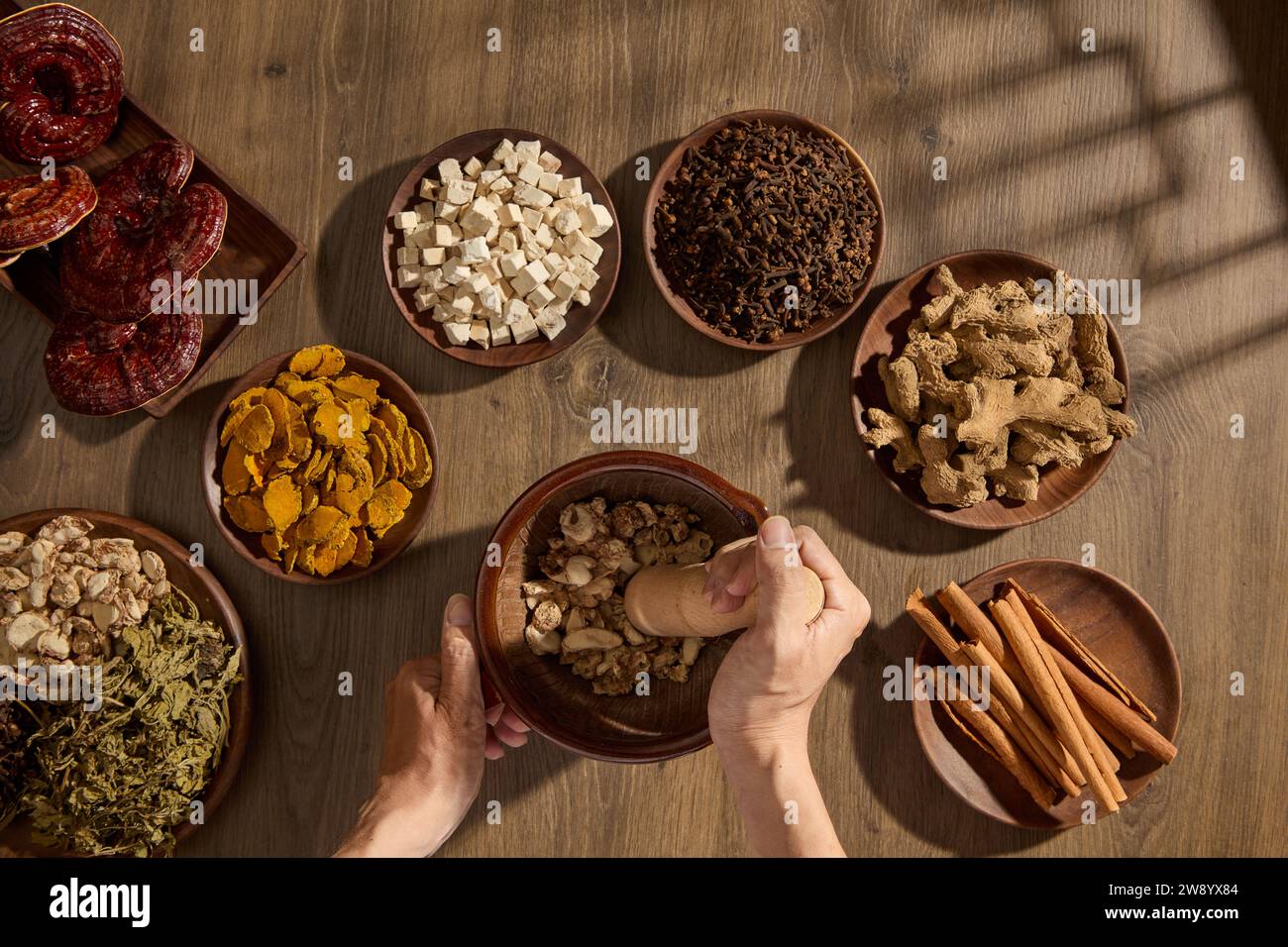 Scene of traditional medicines on wooden trays, decorated on vintage ...